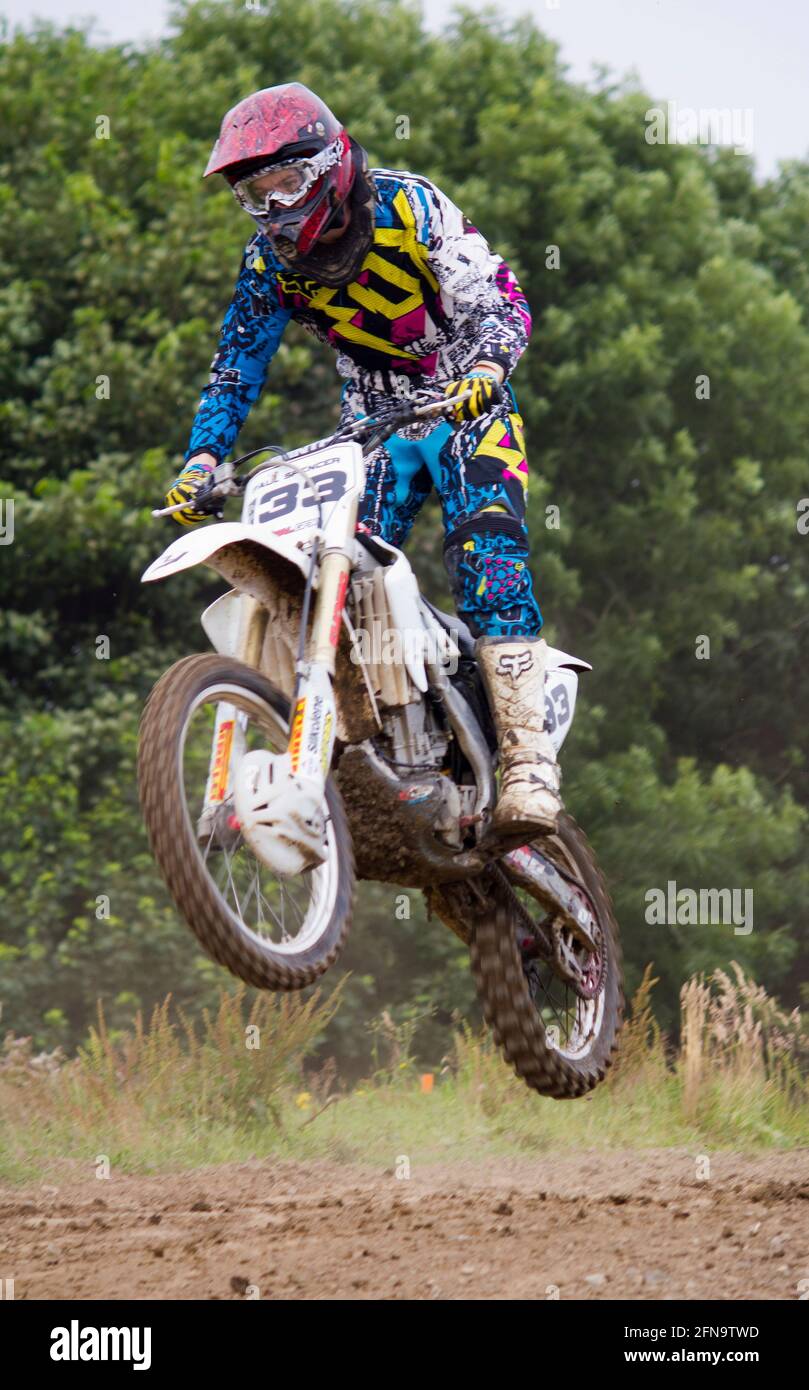 Moto Cross, motor cycle rider, practising on track in Northumberland ...