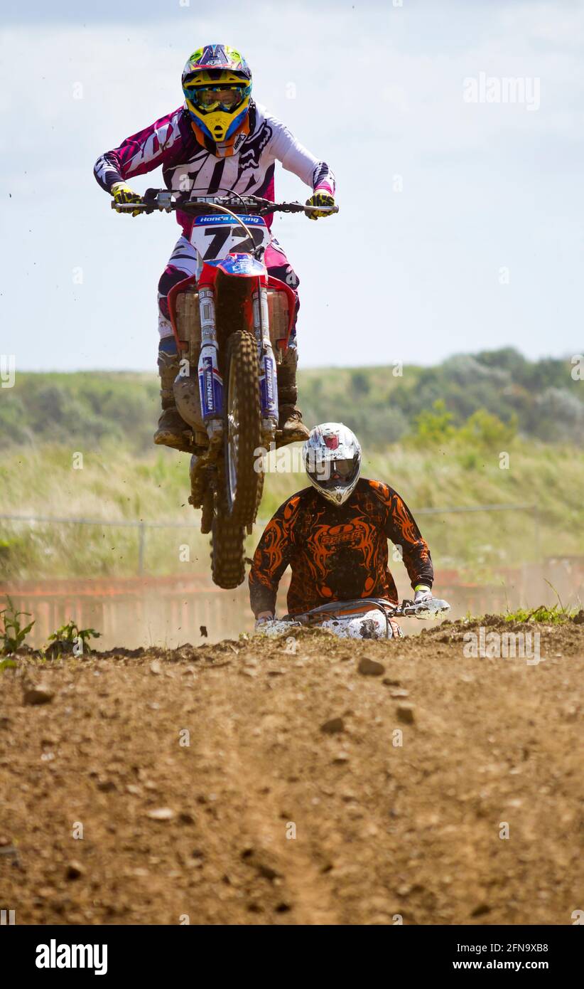 Moto Cross, motor cycle rider, practising on track in Northumberland ...