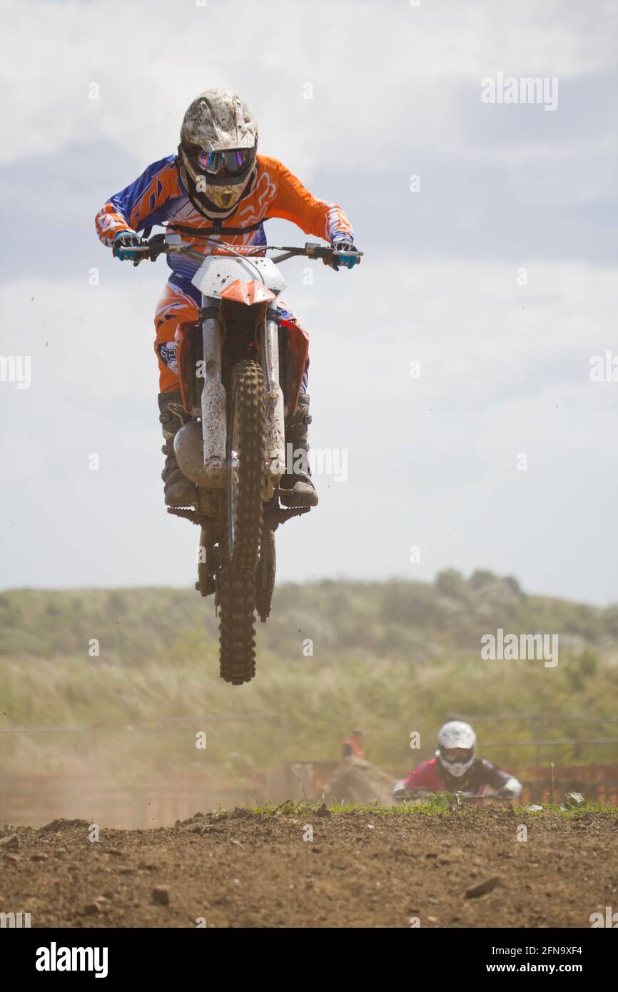 Moto Cross, motor cycle rider, practising on track in Northumberland ...