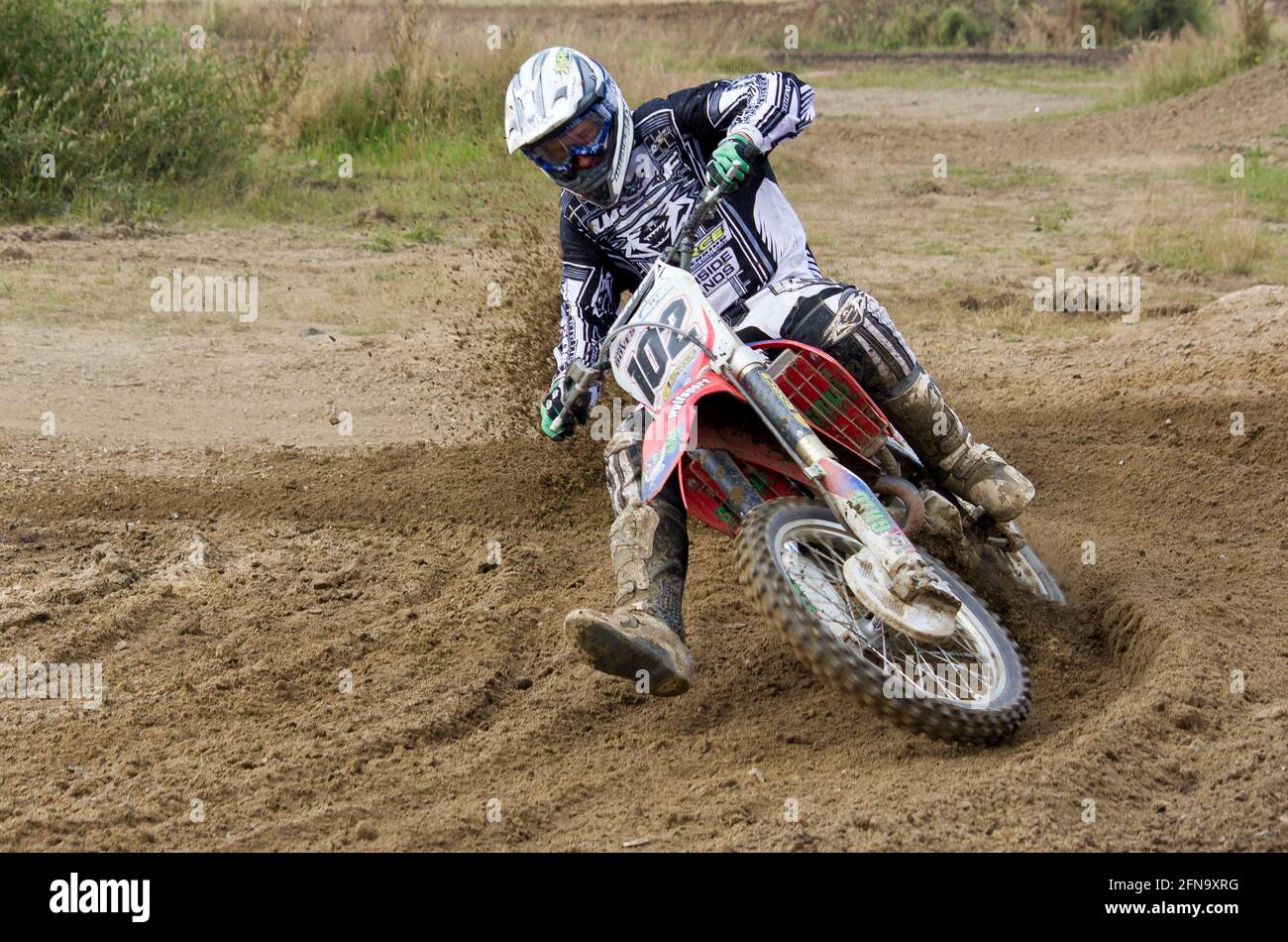 Moto Cross, motor cycle rider, practising on track in Northumberland ...