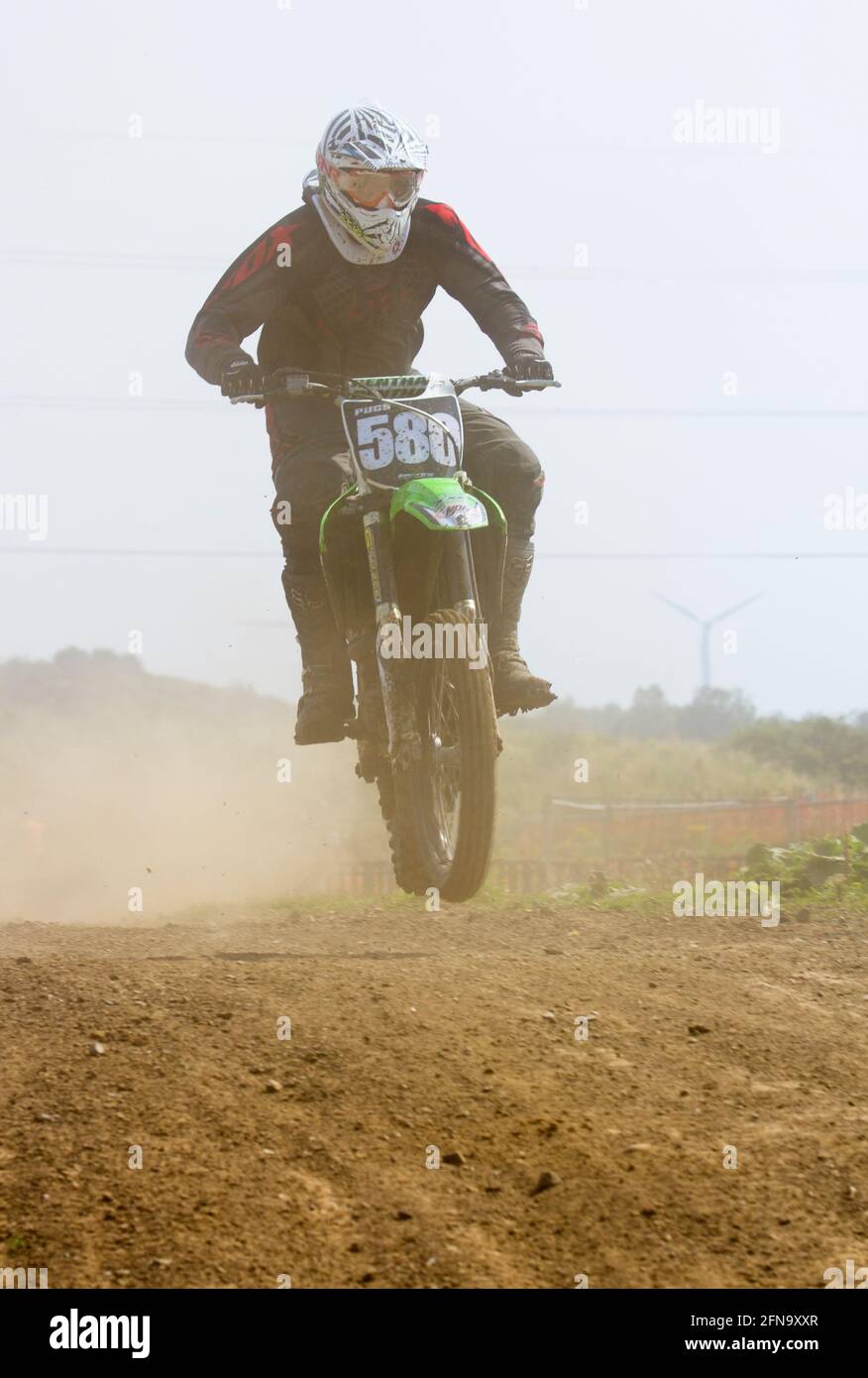 Moto Cross, motor cycle rider, practising on track in Northumberland ...