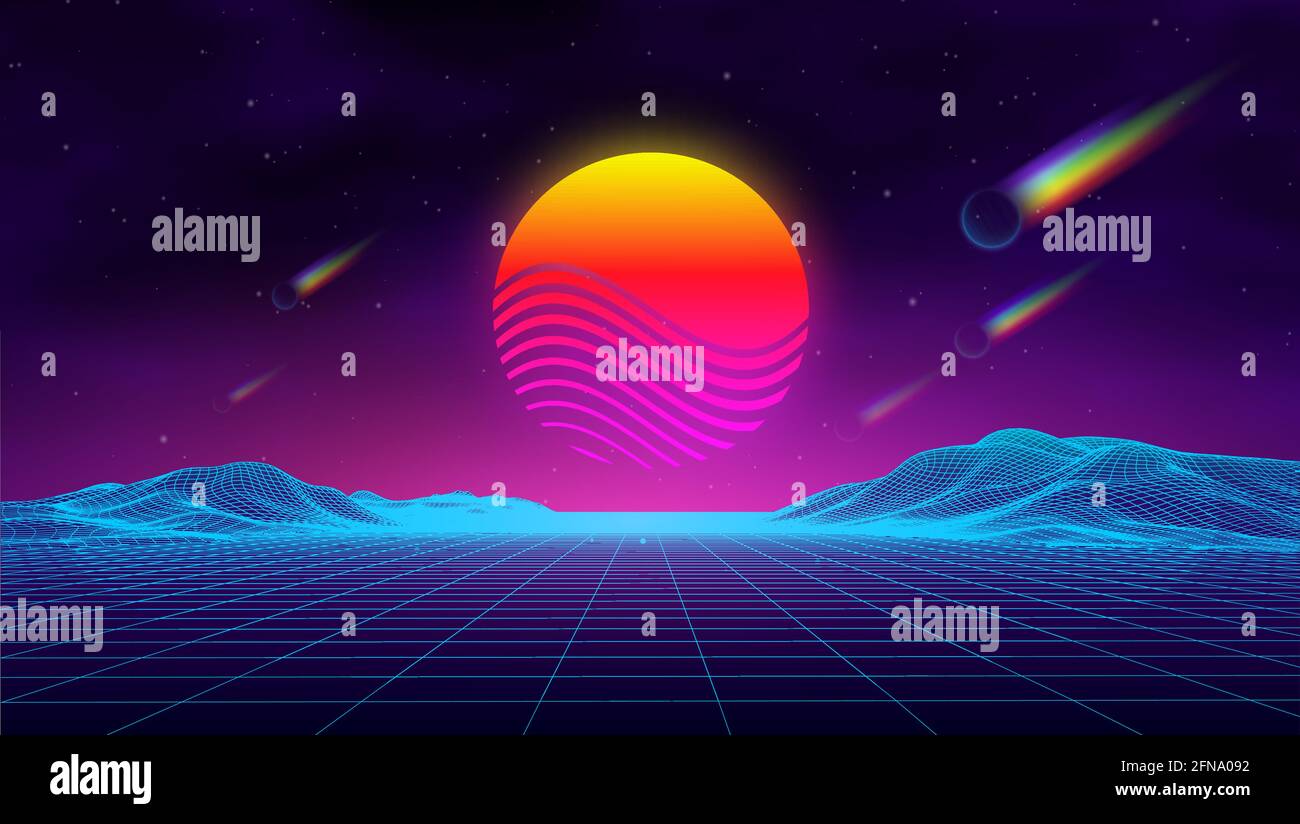 Synth wave retro city landscape background sunset 3d landscape with ...