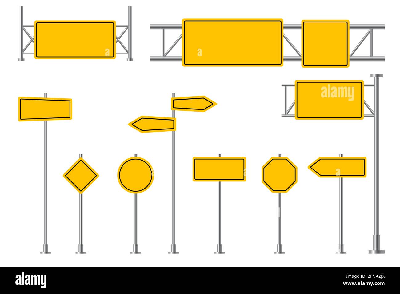 Yellow road signs. Blank street signage, highway traffic attention ...