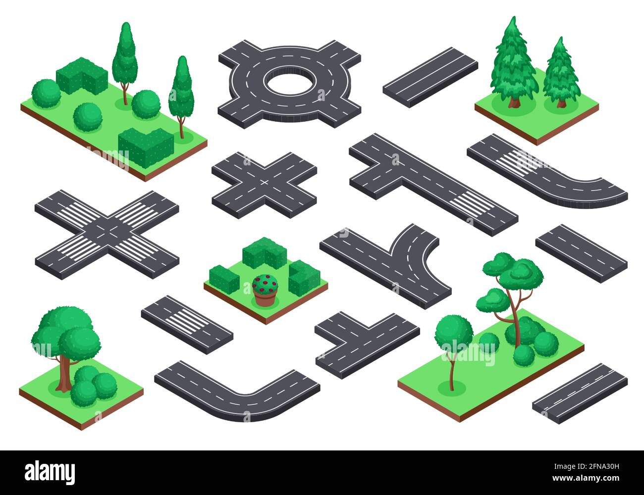 Isometric road and nature elements. Asphalt street, ring road ...