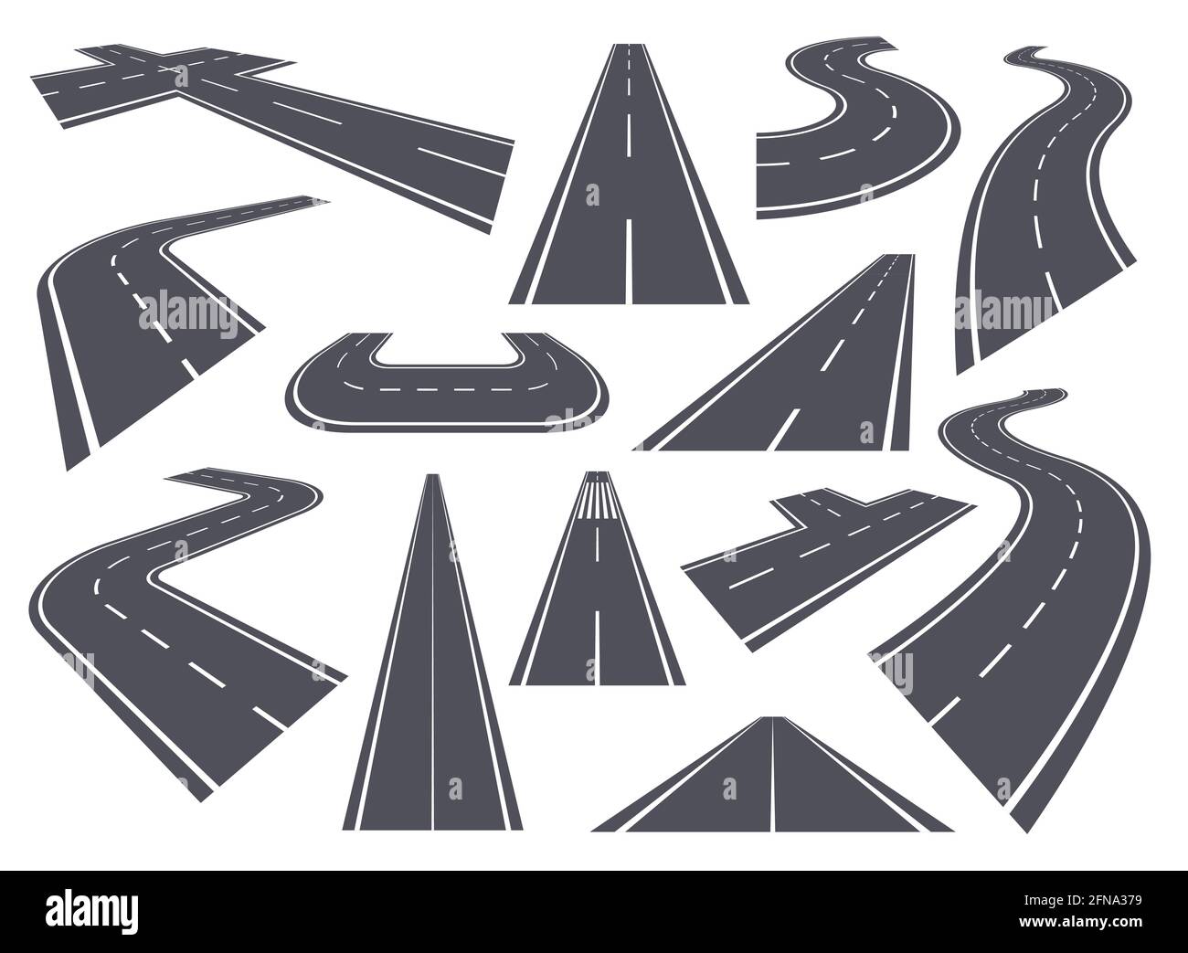 Curved roads. Perspective highway, bending or winding road, straight ...
