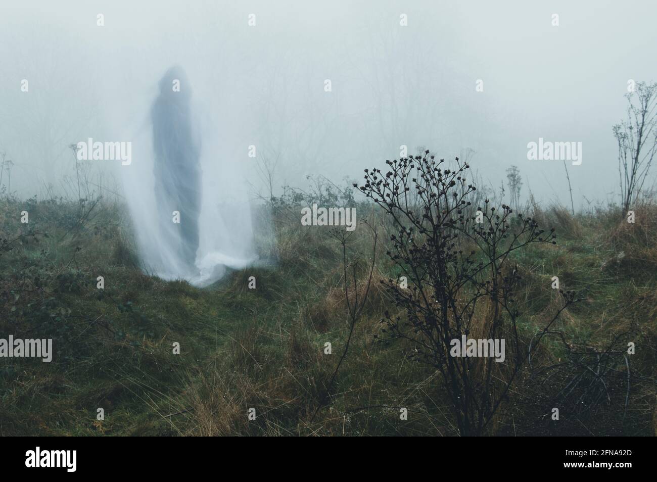 A moody horror edit of a blurred, transparent ghost standing in a the ...