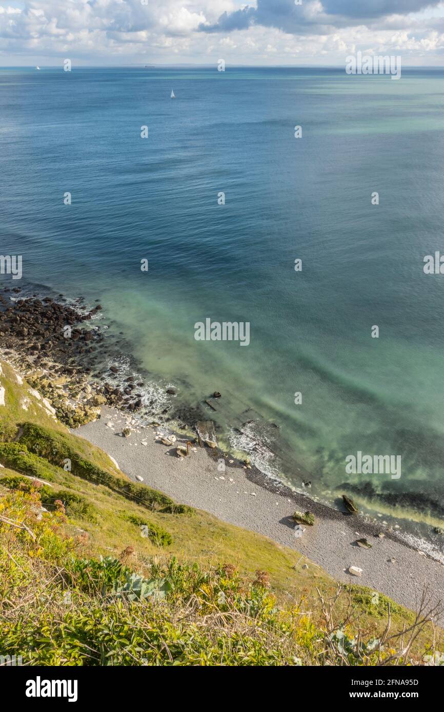Looking down on Langdon Bay from the top of the White cliffs of Dover ...