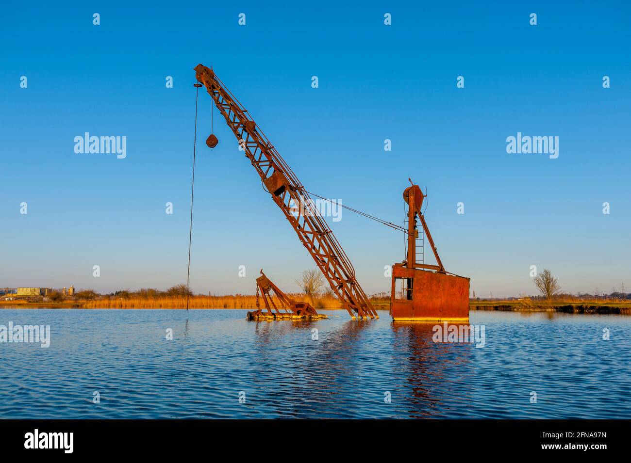 Sunken Dragline crane at Cliffe Pools on the south bank of the Thames ...