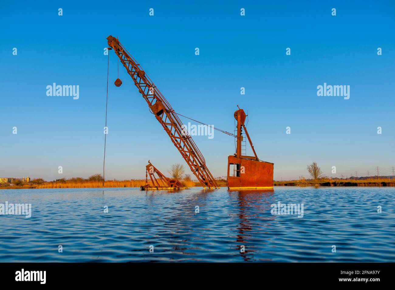Sunken Dragline crane at Cliffe Pools on the south bank of the Thames ...
