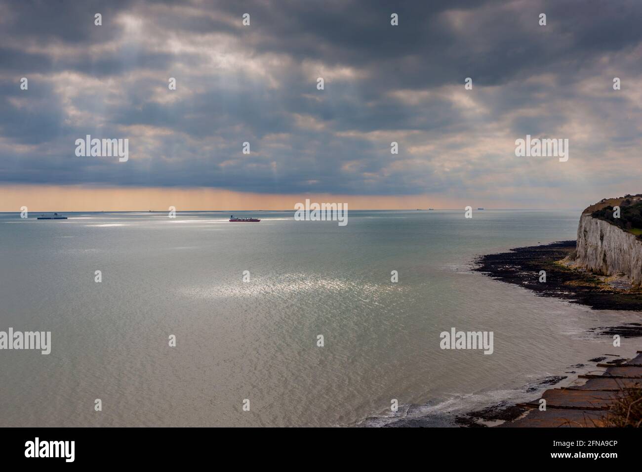 Looking down on the English Channel from the White cliffs of Dover with ...
