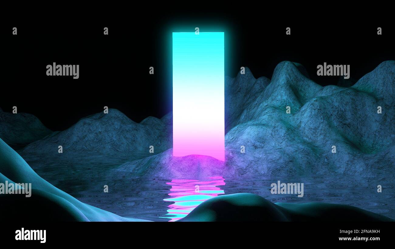 3D Render Cosmic background, alien landscape retro neon mountain with ...