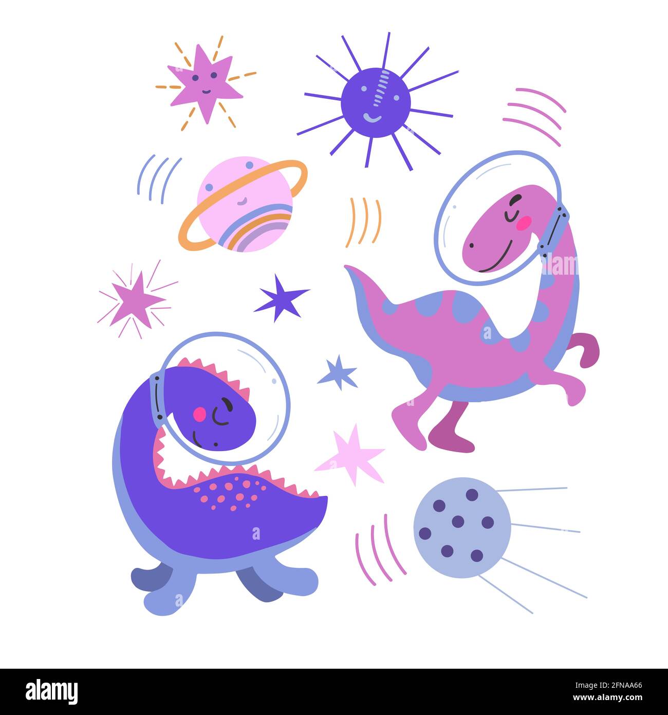 Image of cute cartoon dinosaurs in cosmos, vector graphics, on a white ...