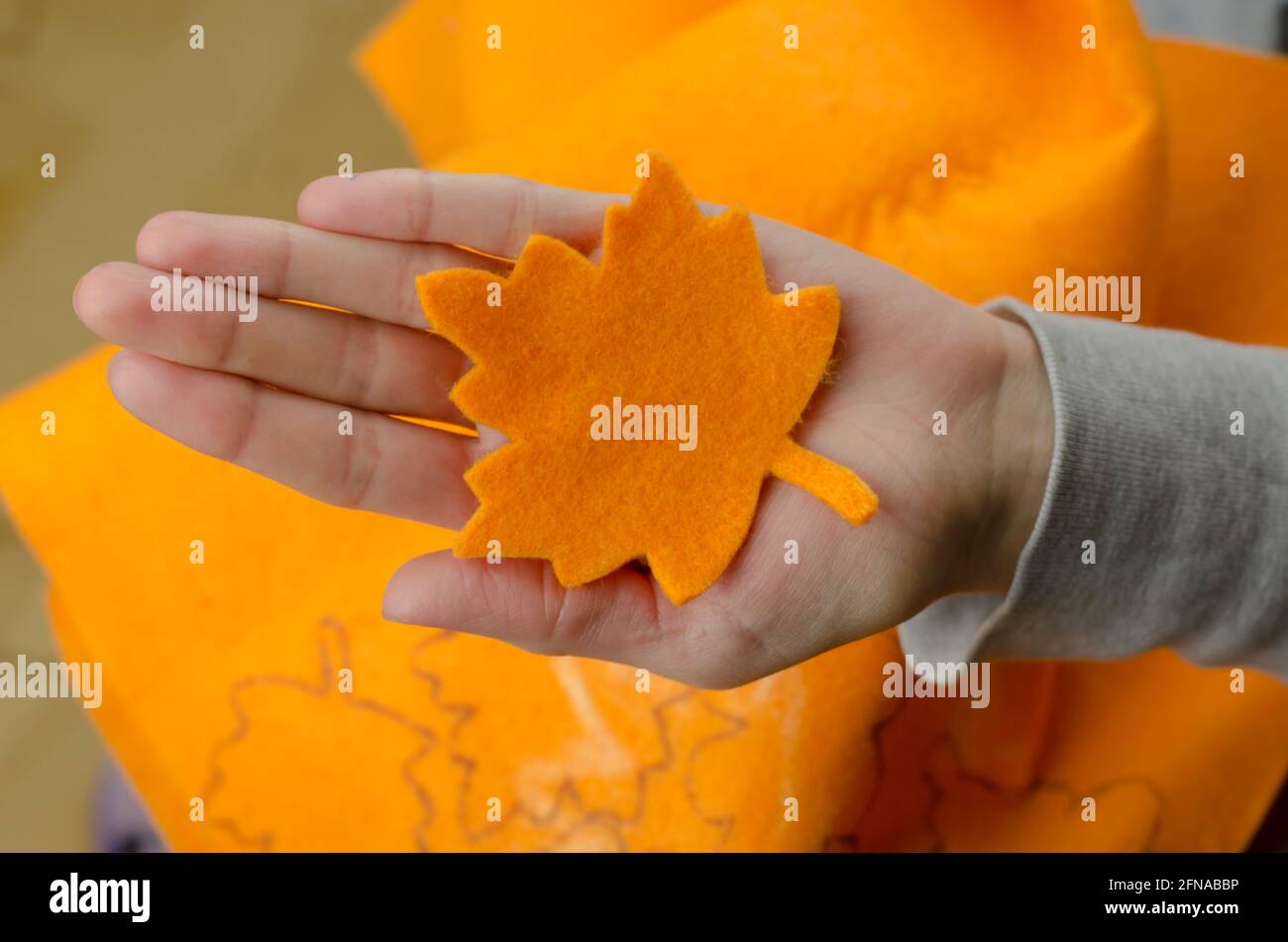 Maple leaf from orange felt in a woman's hand Stock Photo - Alamy