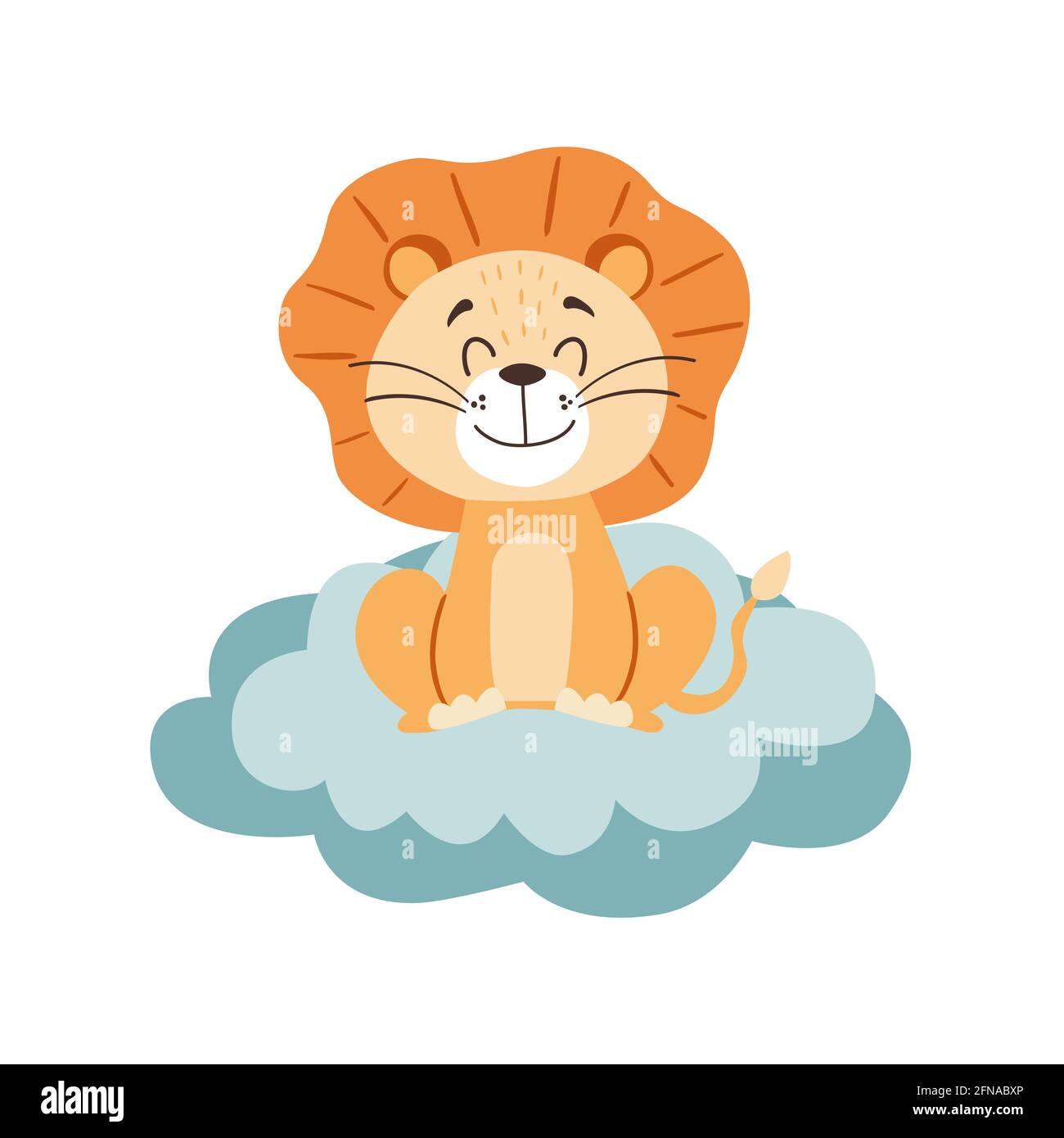 Image with cute cartoon lion on a blue cloud. Vector graphics on a ...