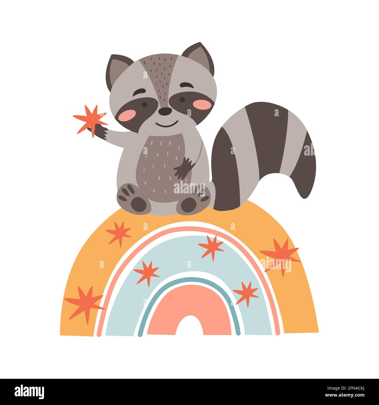 Image with cute cartoon raccoon on a colorful rainbow. Vector graphics ...