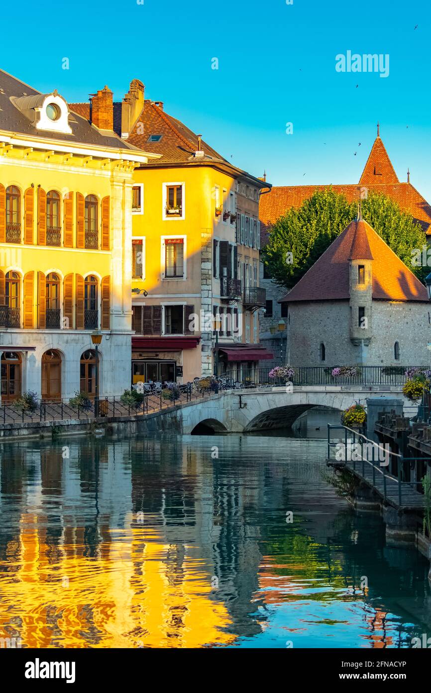 Annecy in France, typical houses in the old center, on the river Stock ...