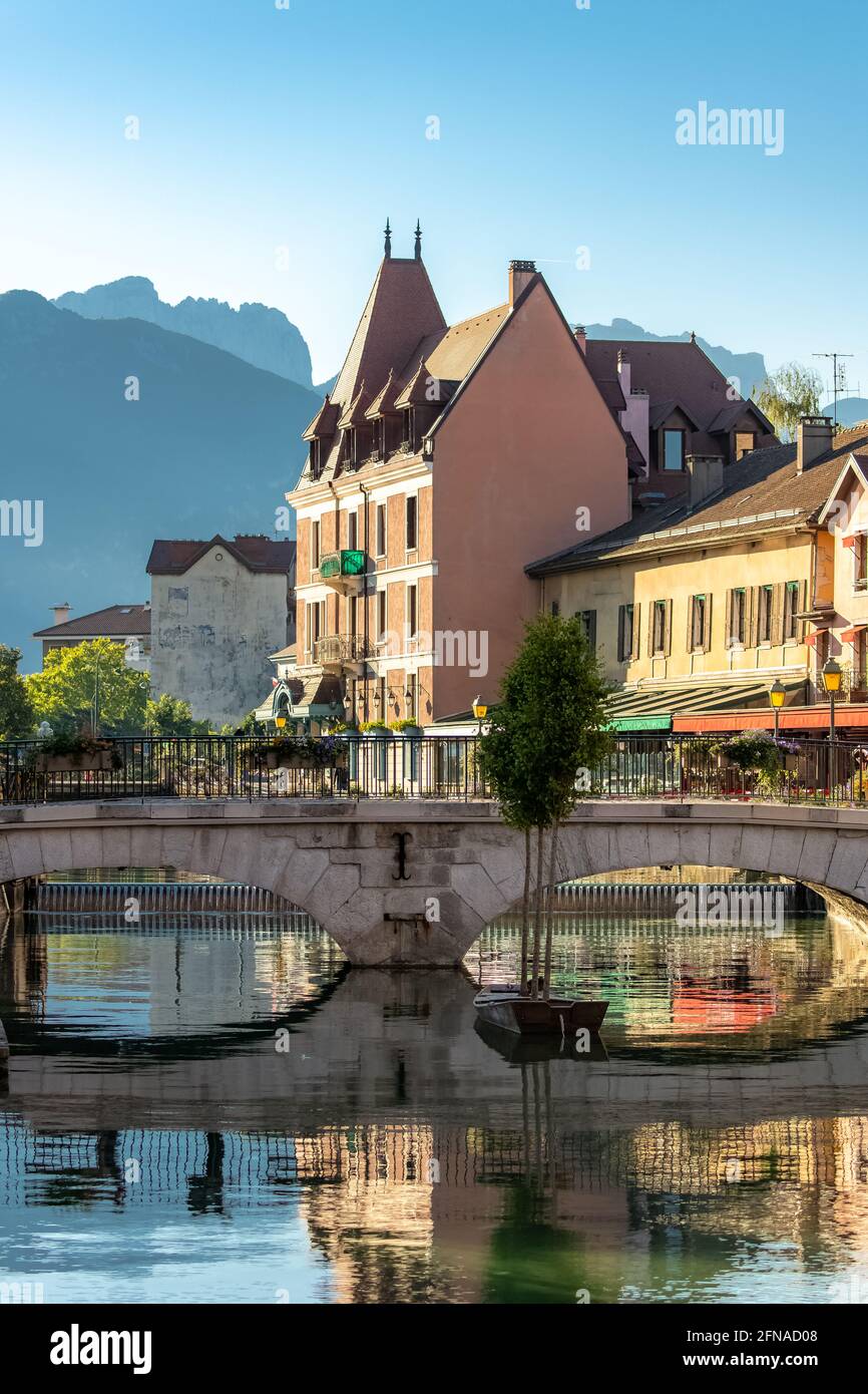 Annecy in France, typical houses in the old center, on the river Stock ...