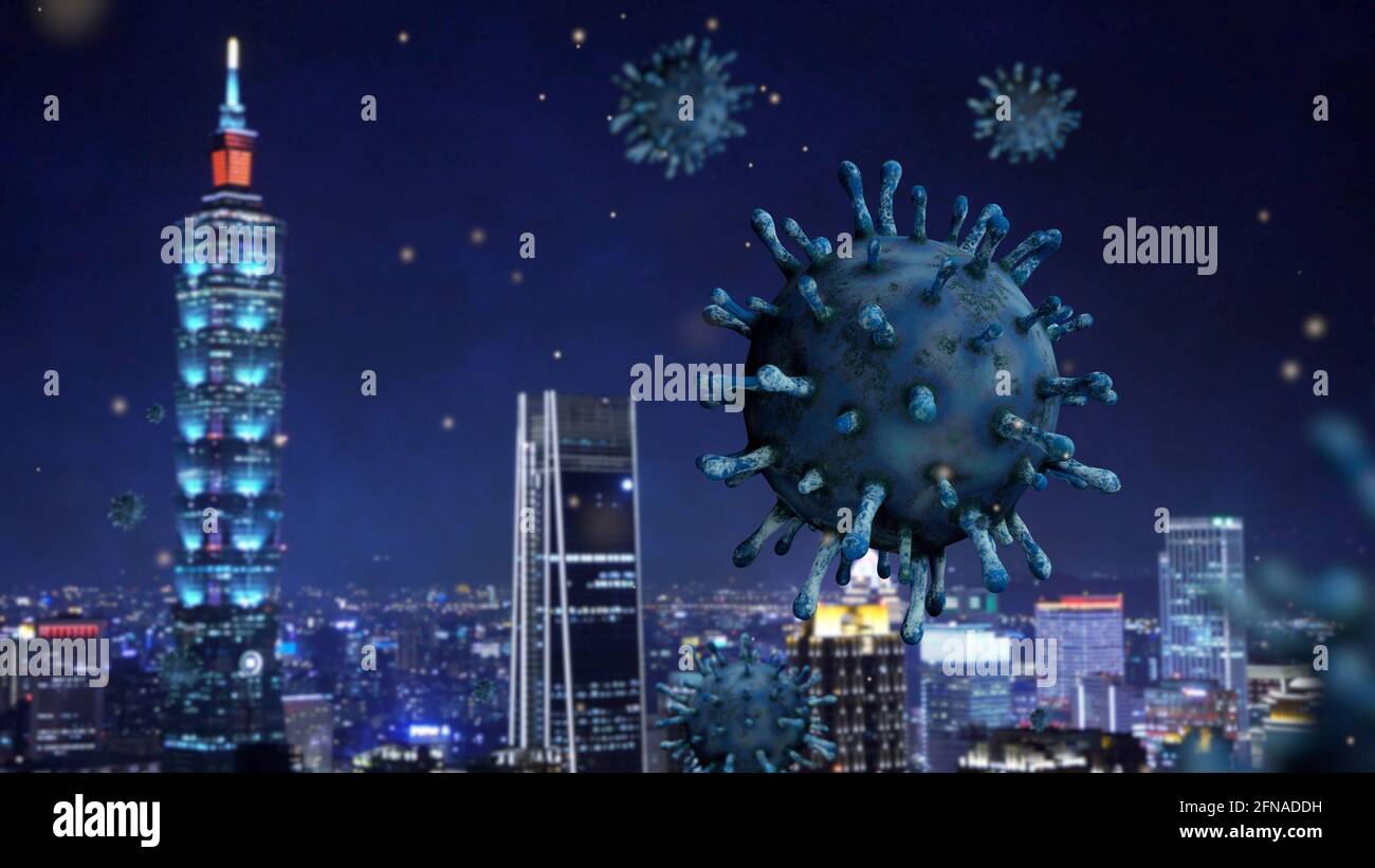 3D illustration. Taiwan tall buildings at night with Coronavirus 2019 ...