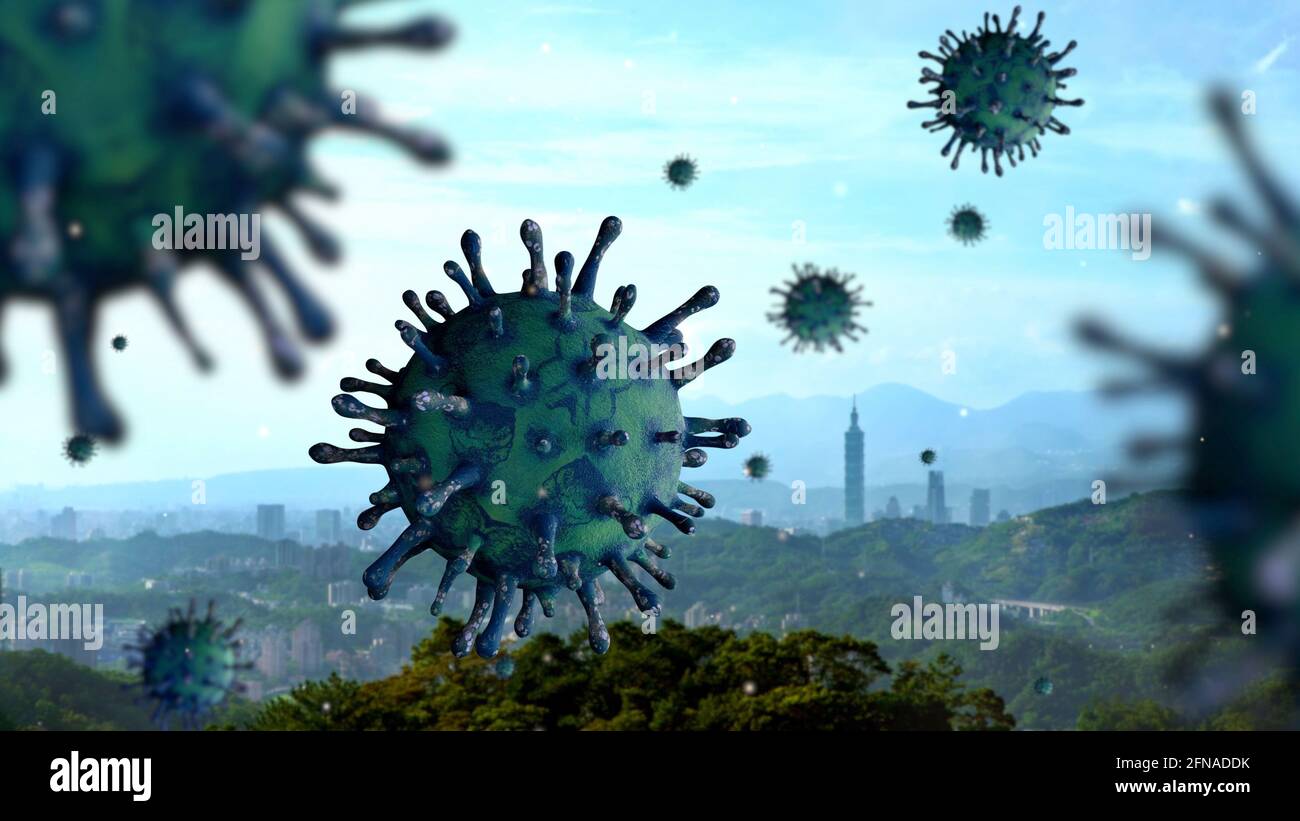 3D illustration. Taiwan tall buildings in the capital with Coronavirus ...