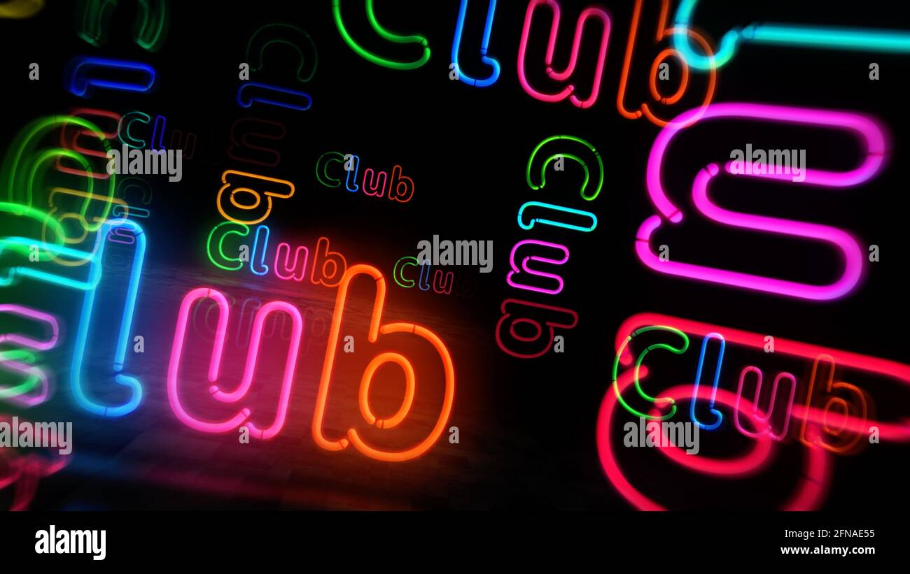 Club symbol neon symbol. Light color bulbs with retro city sign ...