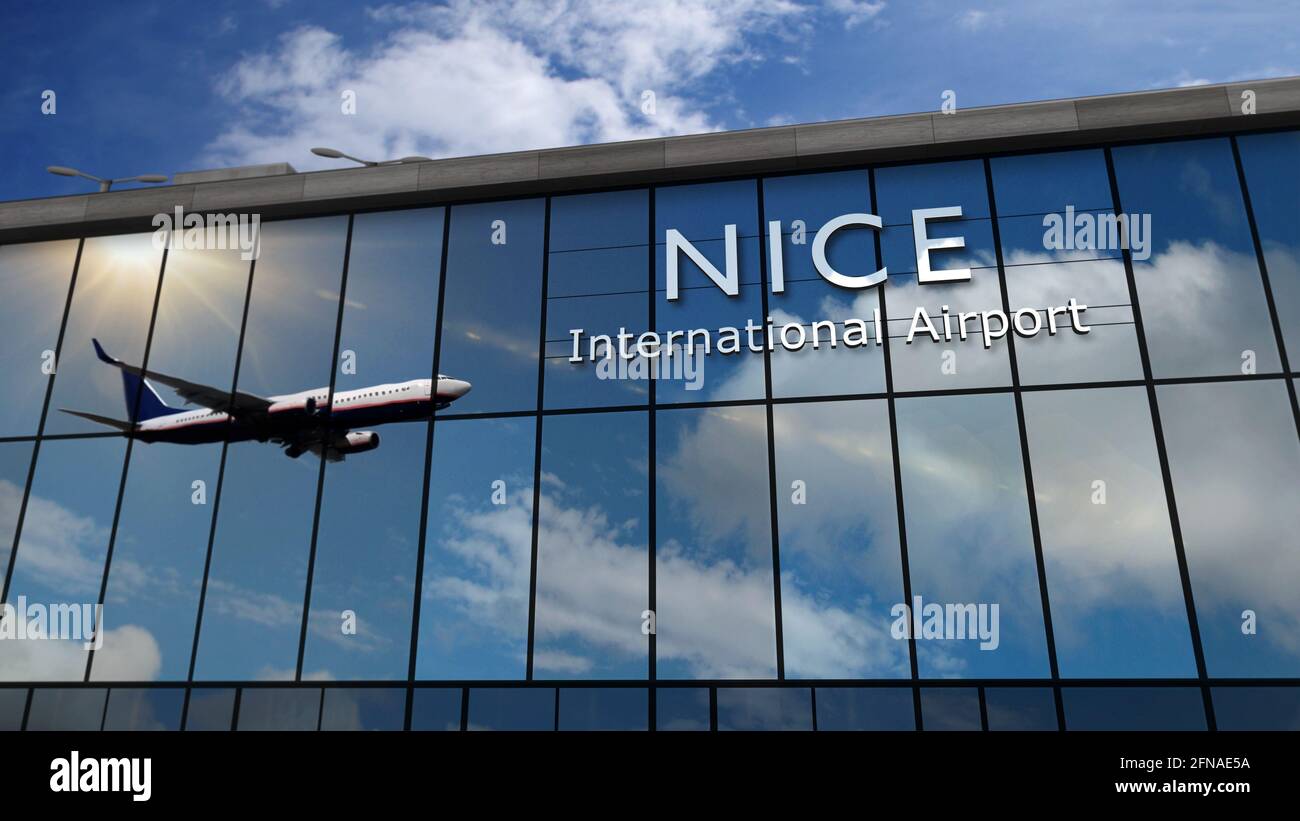 Jet aircraft landing at Nice, France 3D rendering illustration. Arrival ...