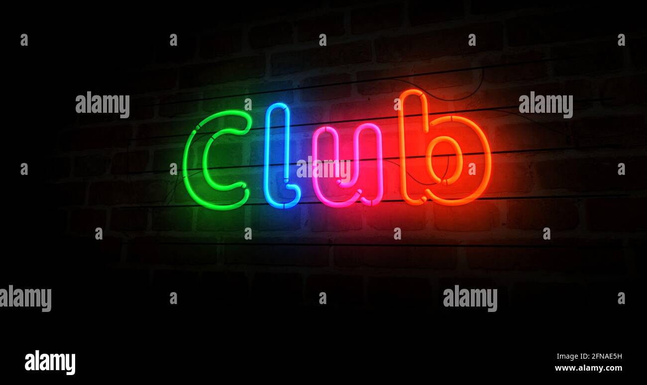 Club symbol neon symbol. Light color bulbs with retro city sign ...