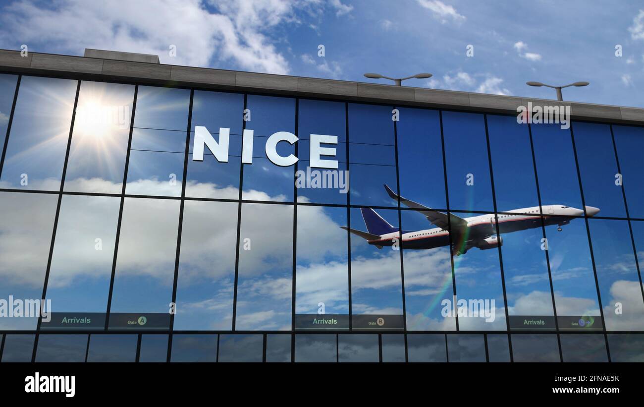 Jet aircraft landing at Nice, France 3D rendering illustration. Arrival ...