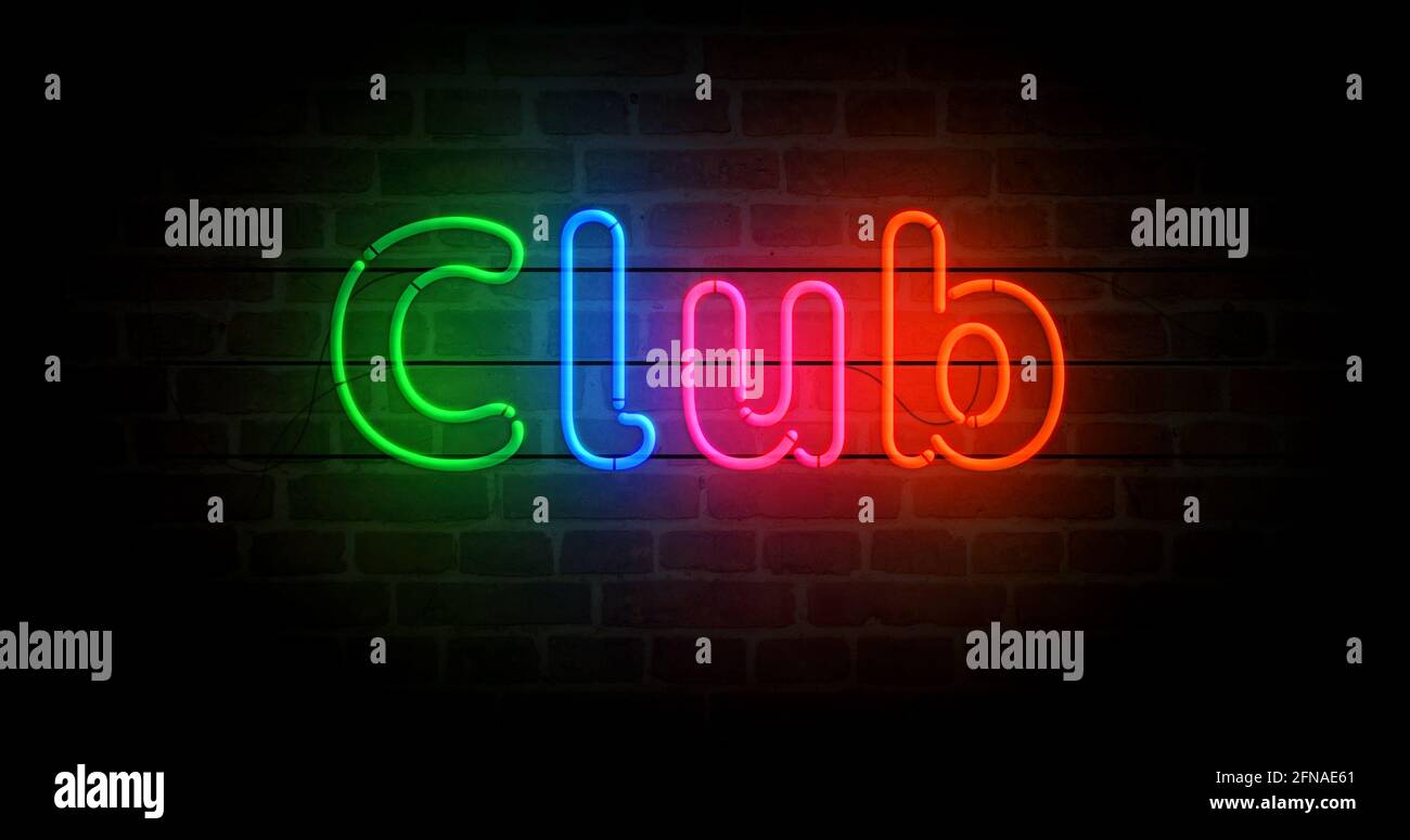 Club symbol neon symbol. Light color bulbs with retro city sign ...