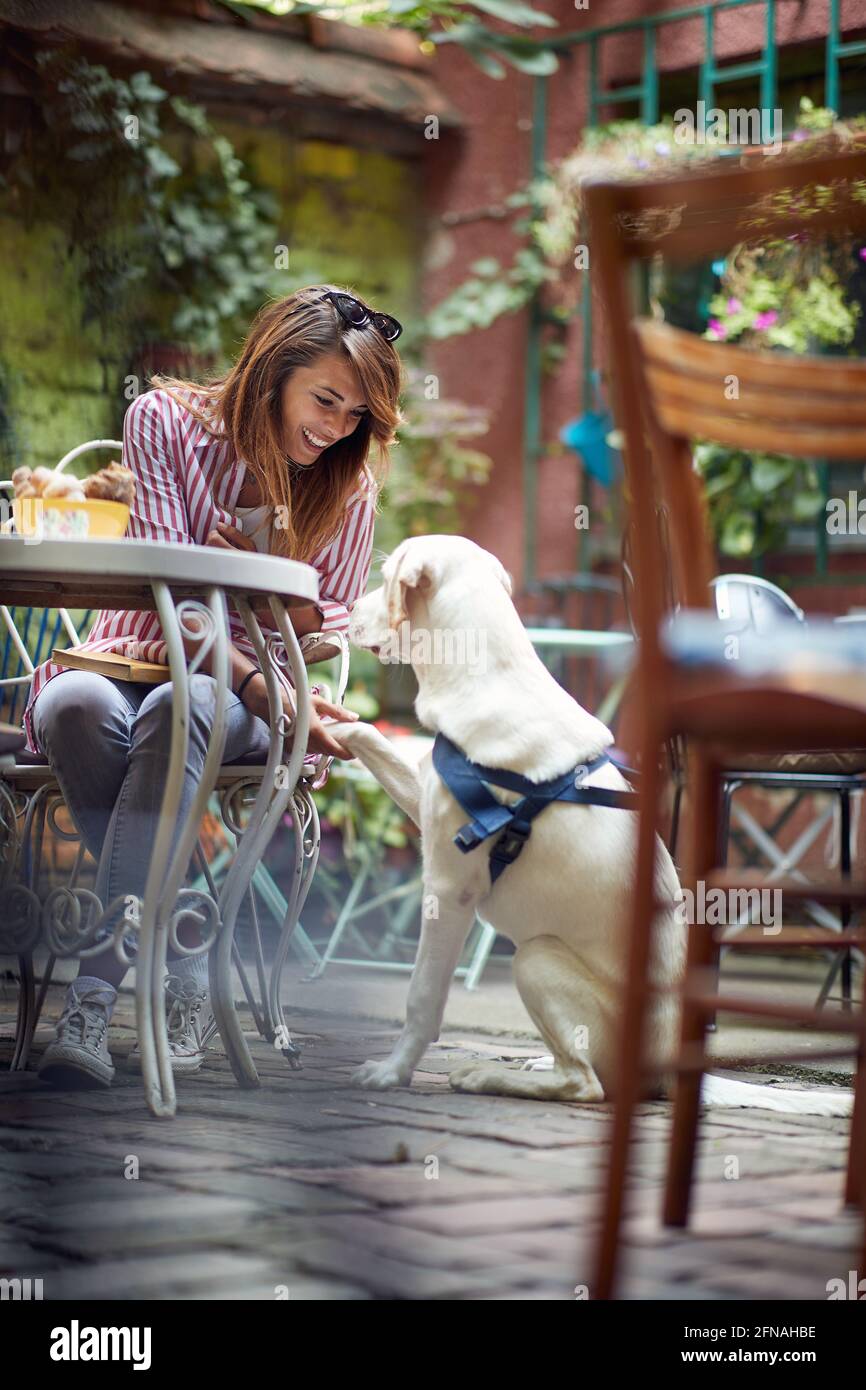 Young girl has a good time with her dog in the bar's garden on a ...