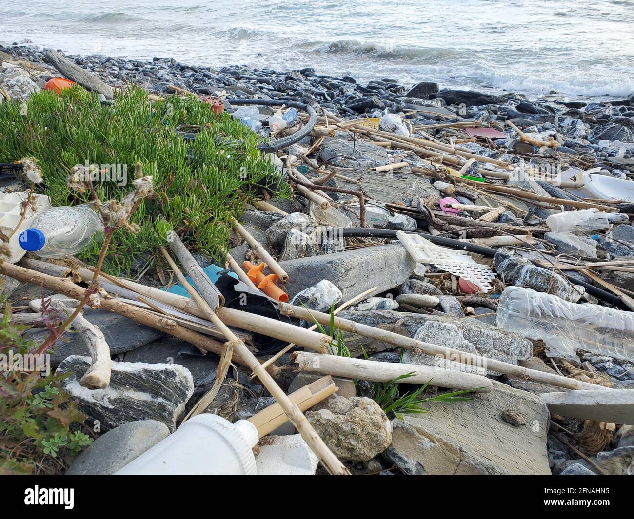 Dump of plastic garbage pollution on contaminated sea coast ecosystem ...