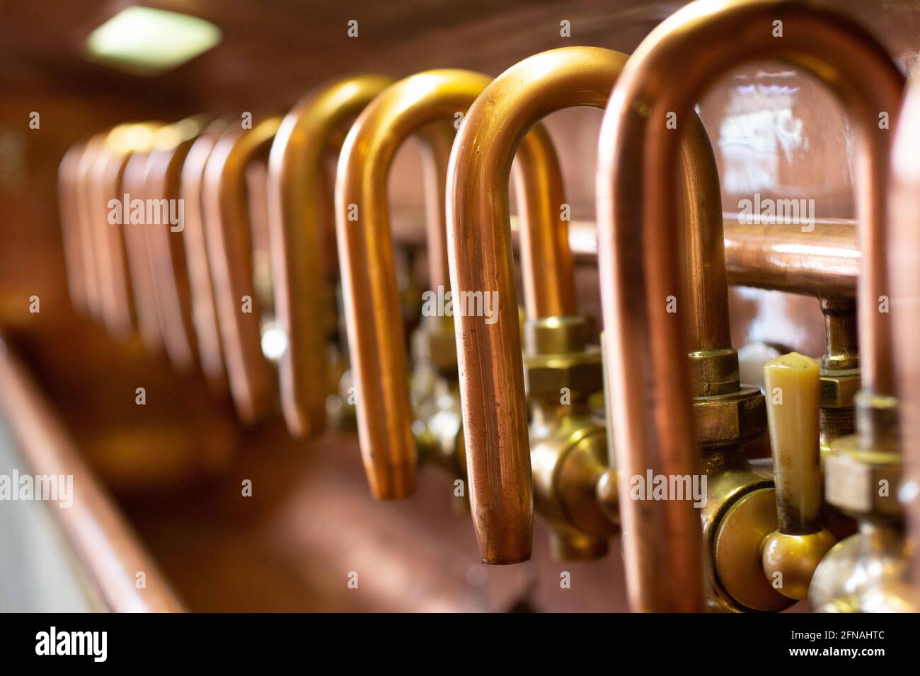 Pilsen, Czech Republic, 1.09.2019 - copper taps at beer brewery Pilsner ...