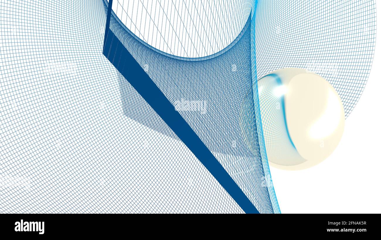 Abstract blue grid surface on white background with a golden sphere ...