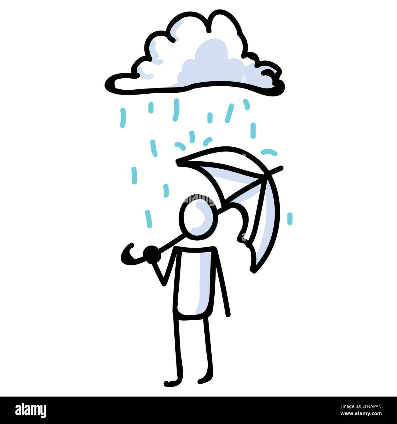 Hand Drawn Stick Figure with Umbrella standing in Rain. Concept of ...