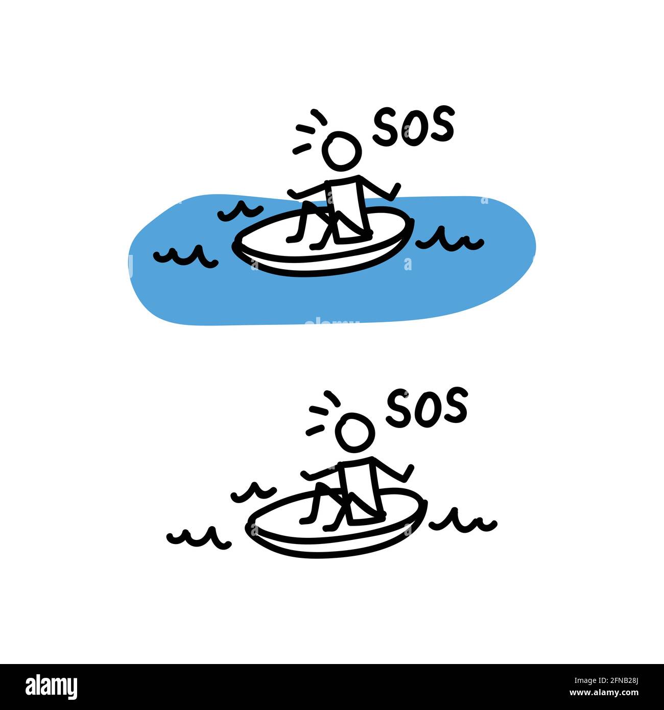 SOS life raft stick figure vector illustration. Hand drawn ...
