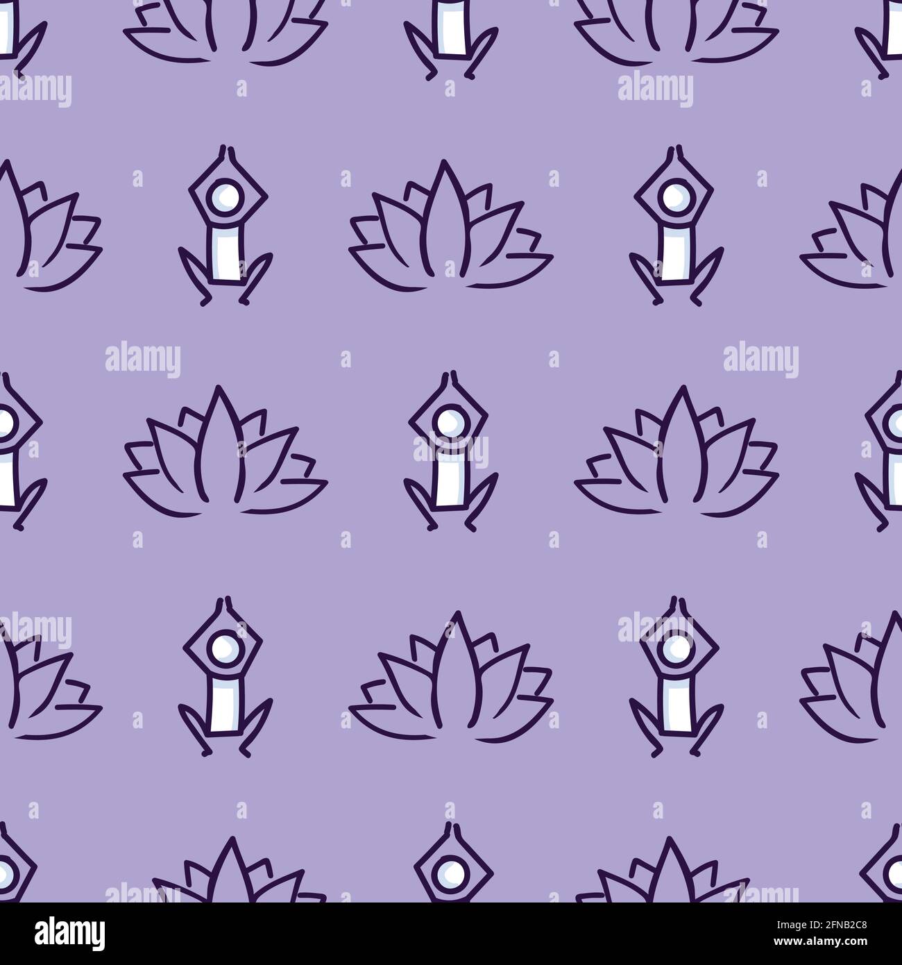 Stick figure yoga pose with lotus flower seamless vector pattern. Hand ...