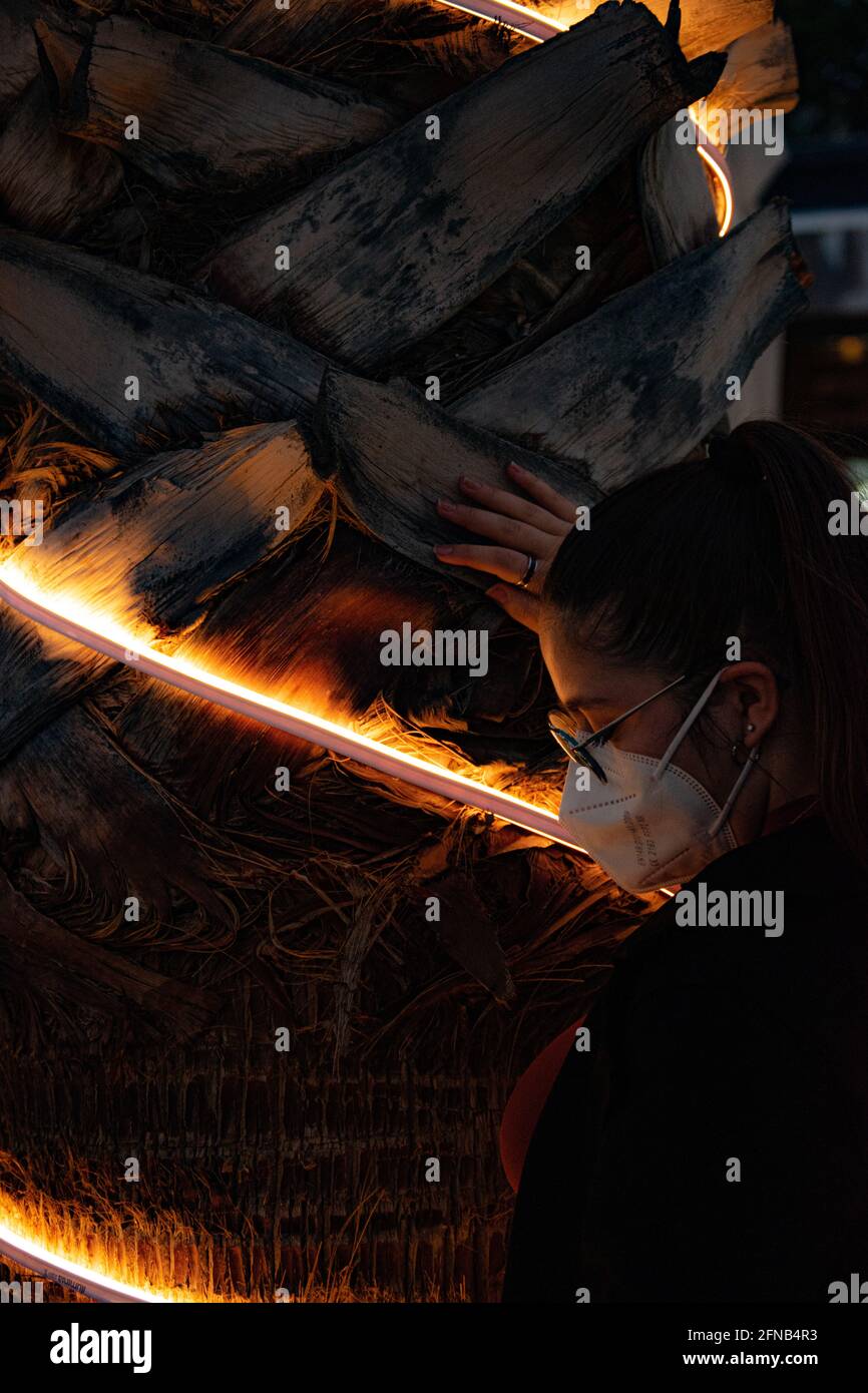 Beautiful girl lit by the leds of a palm tree Stock Photo - Alamy