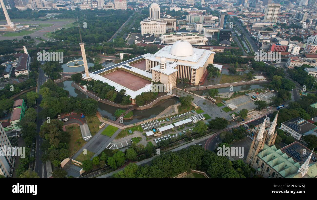 Aerial view of Istiqlal Mosque. It is the largest mosque in Southeast ...