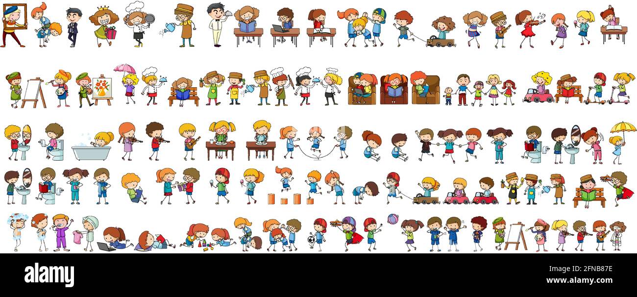 Set of different doodle kids cartoon character illustration Stock ...