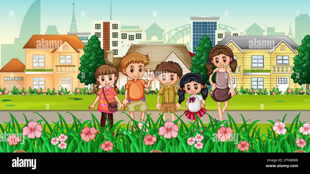 Many children standing with city background illustration Stock Vector ...
