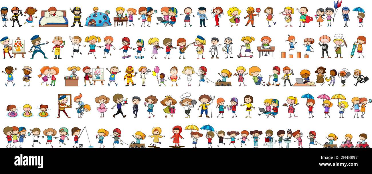 Set of different doodle kids cartoon character illustration Stock ...
