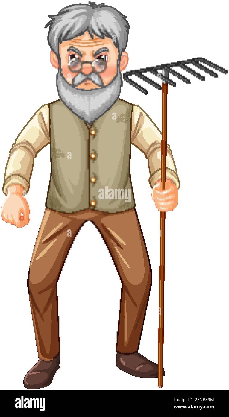 Old farmer man cartoon character holding rake garden tool illustration ...