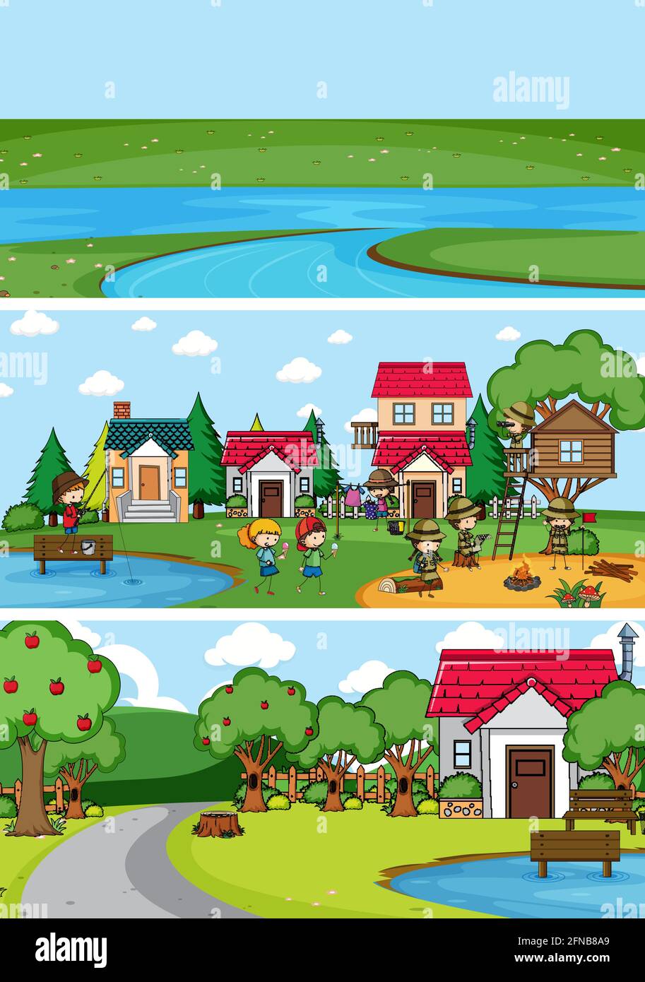 Set of different horizon scenes background with doodle kids cartoon ...