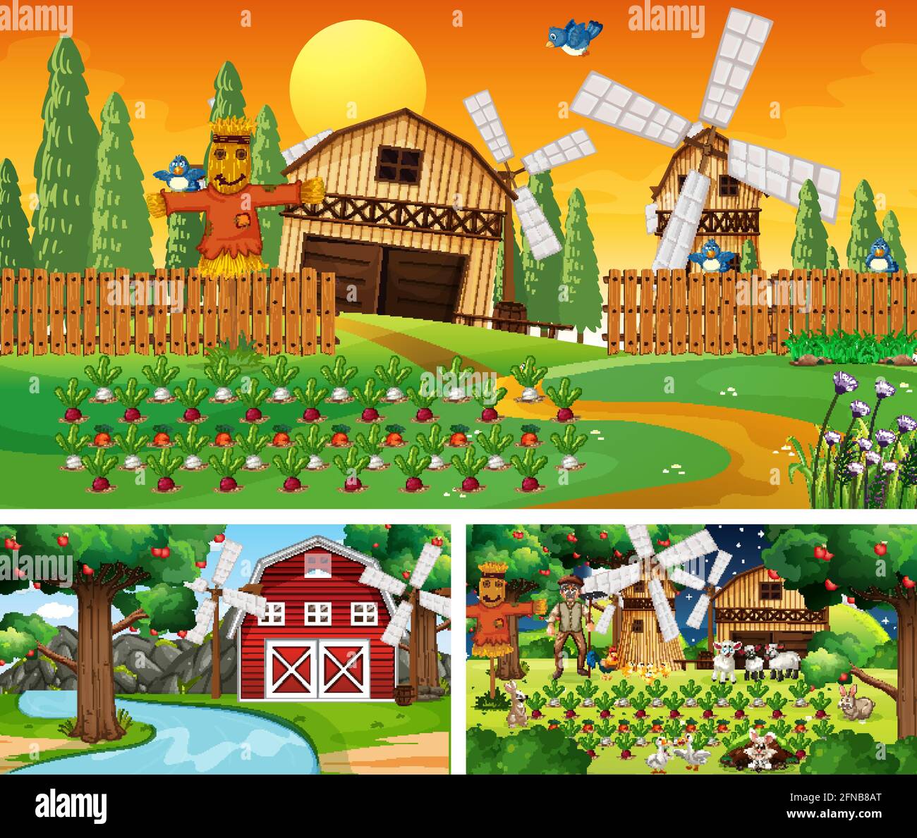 Different farm scenes with farm animals cartoon character illustration ...