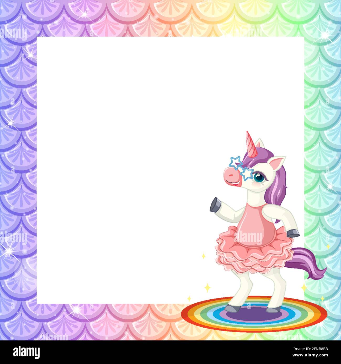 Blank pastel rainbow fish scales frame template with cute unicorn ...