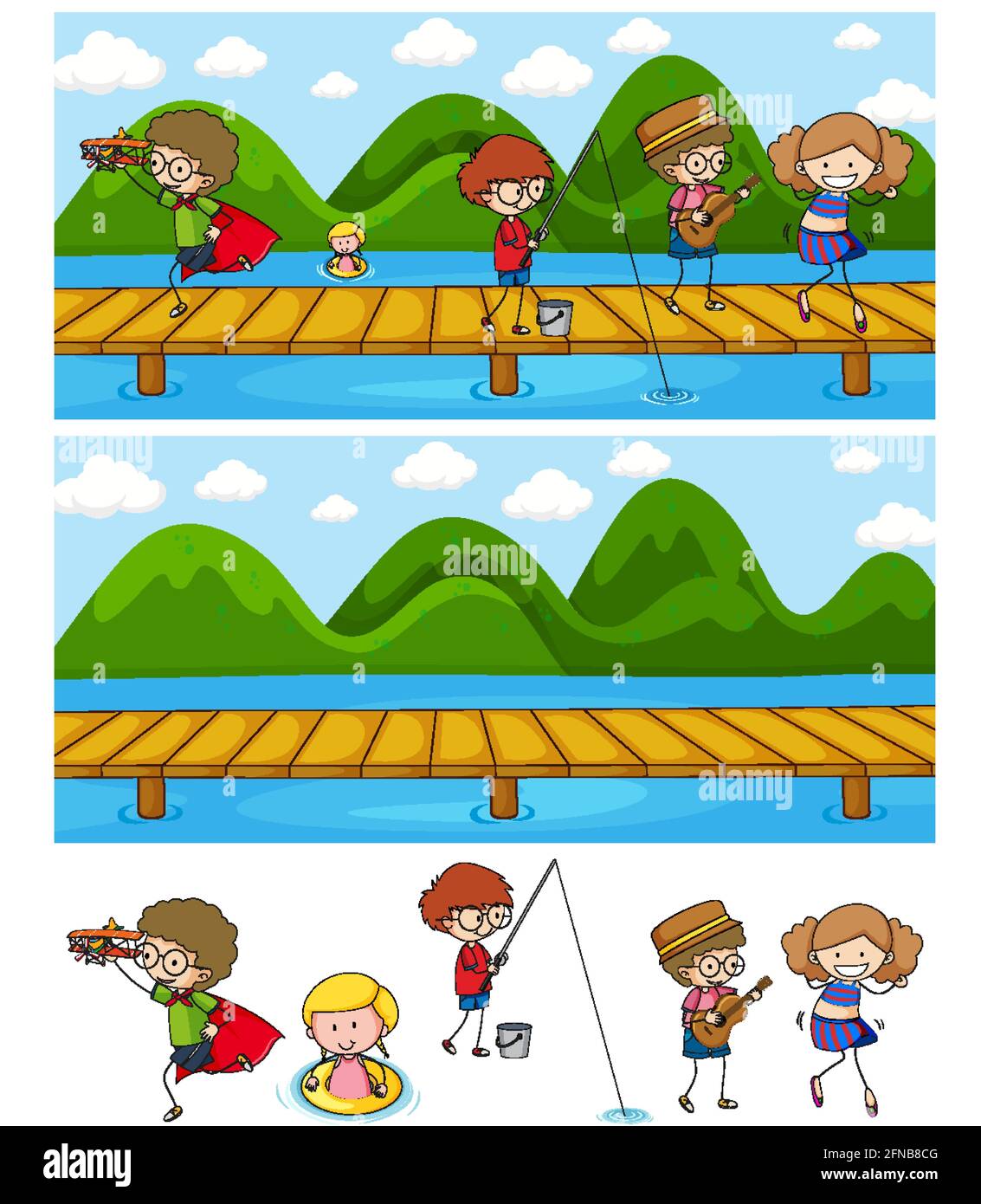 Set of different horizontal scenes background with doodle kids cartoon ...