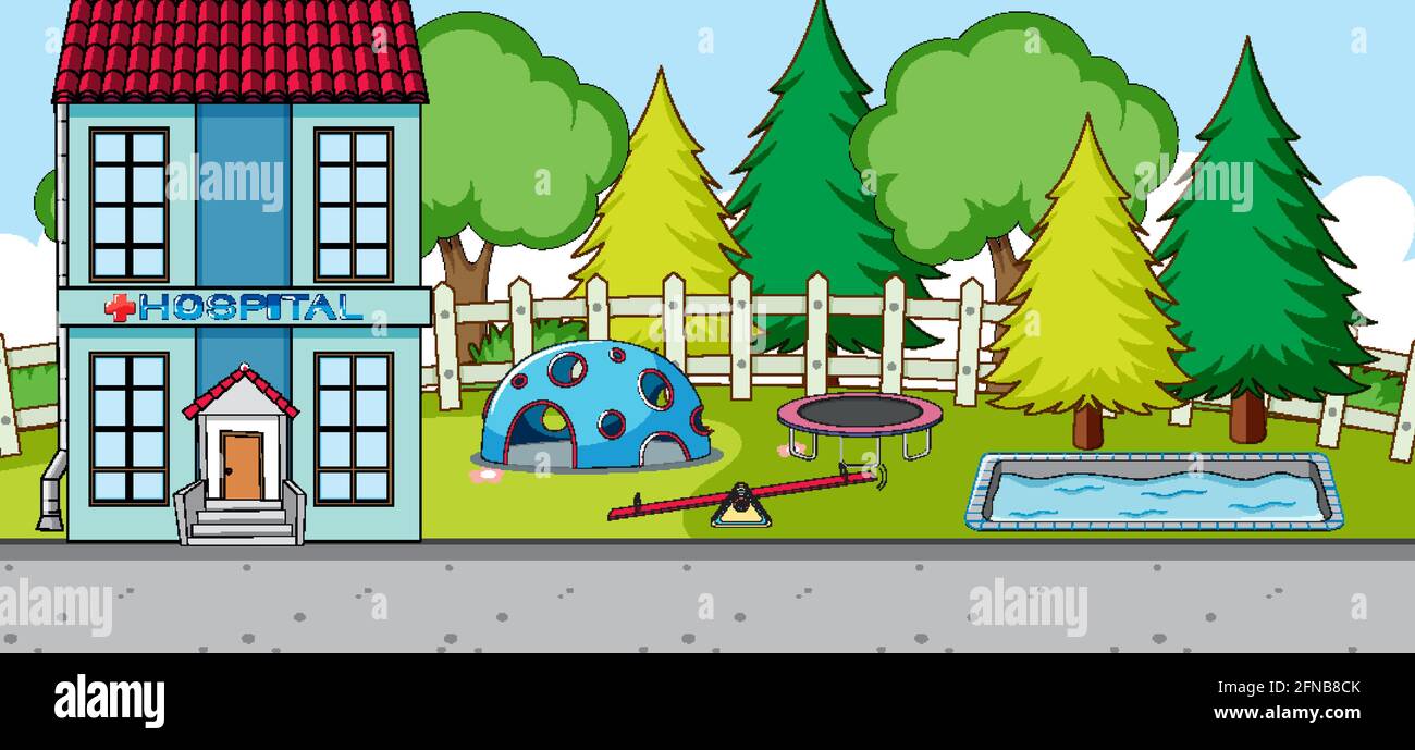 Horizontal scene with hospital building outdoor scene illustration ...