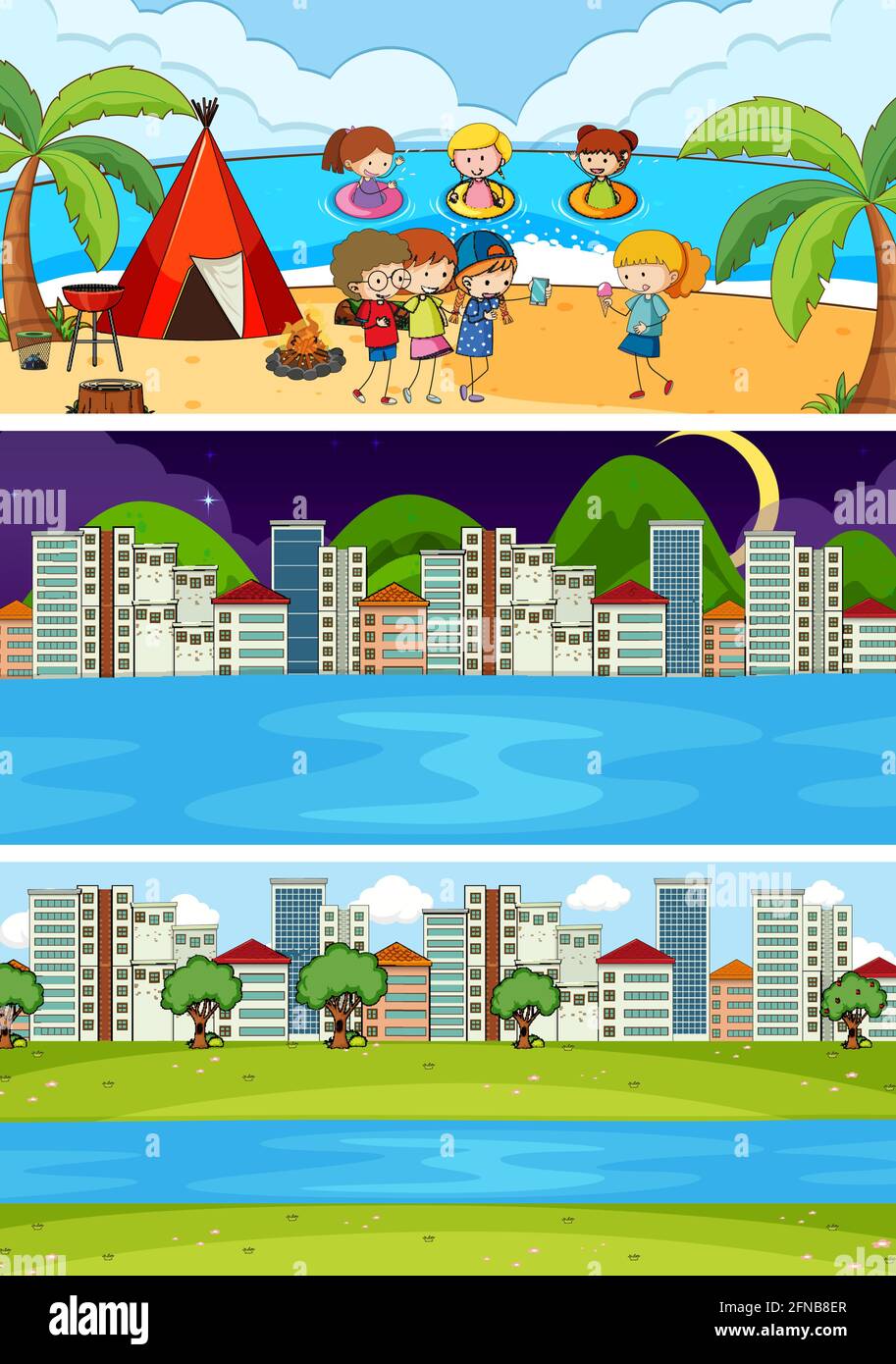 Set of different horizon scenes background with doodle kids cartoon ...