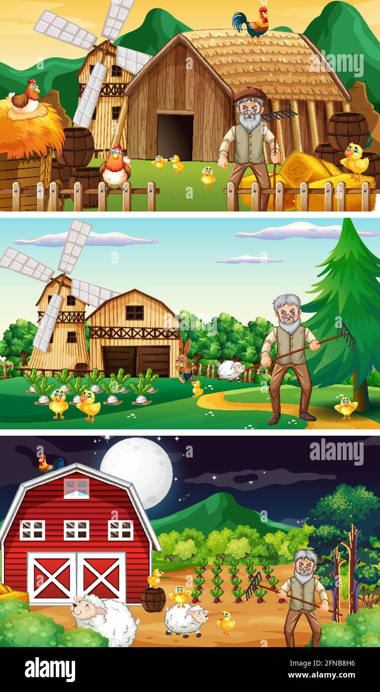 Different farm scenes with old farmer and animal cartoon character ...