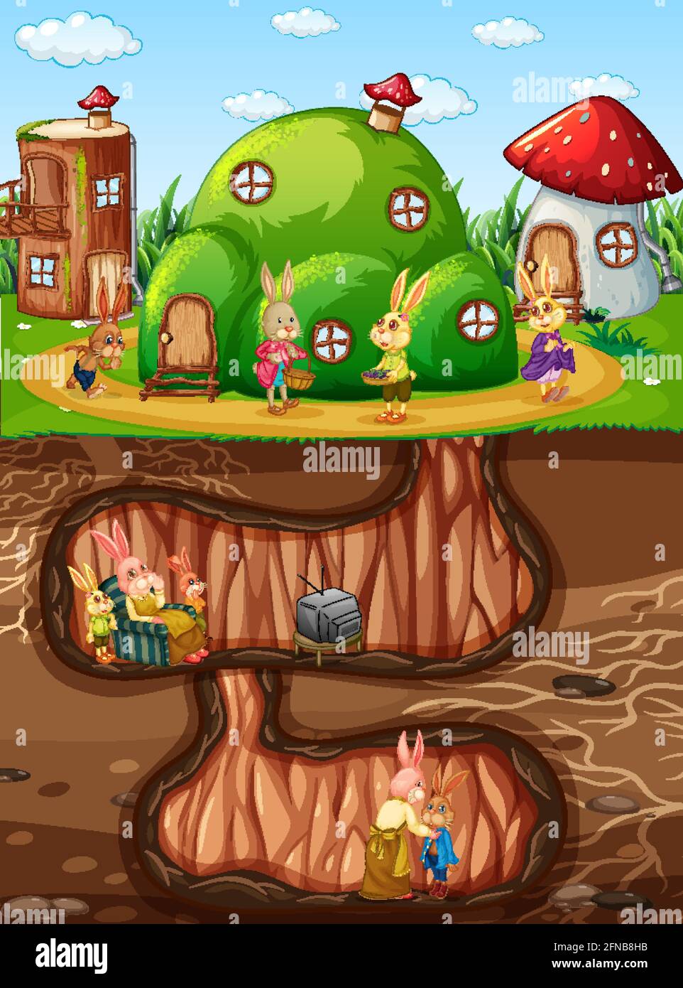 Underground rabbit hole with ground surface of the garden scene ...
