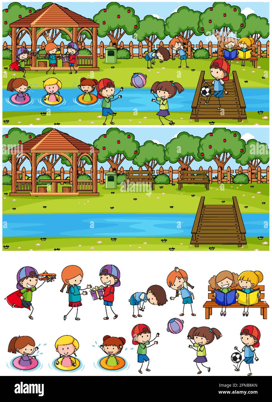 Set of different horizontal scenes background with doodle kids cartoon ...
